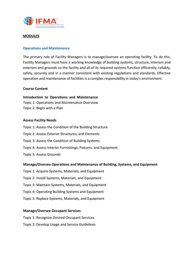 IFMA FMP Course literature -JUNE 2016 -updated | PDF | Business ...