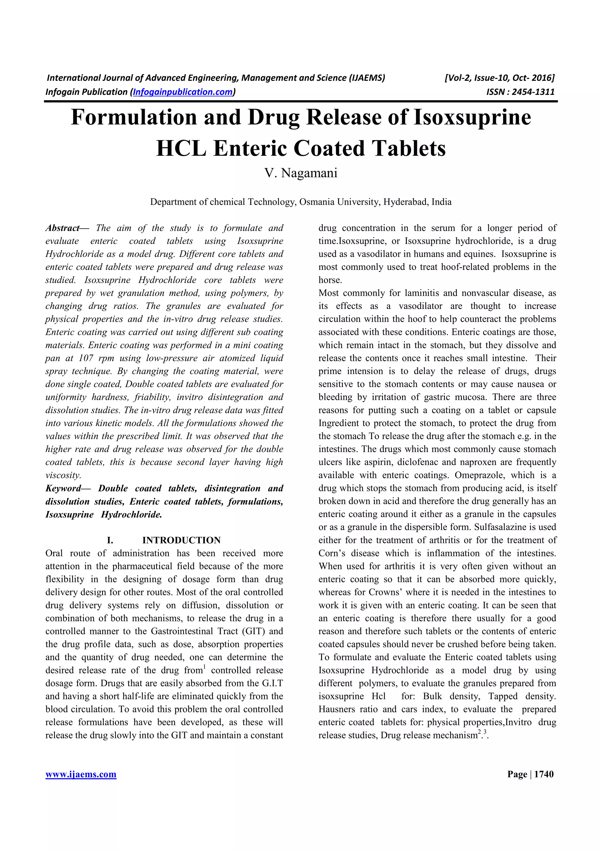Formulation and Drug Release of Isoxsuprine HCL Enteric Coated Tablets | PDF