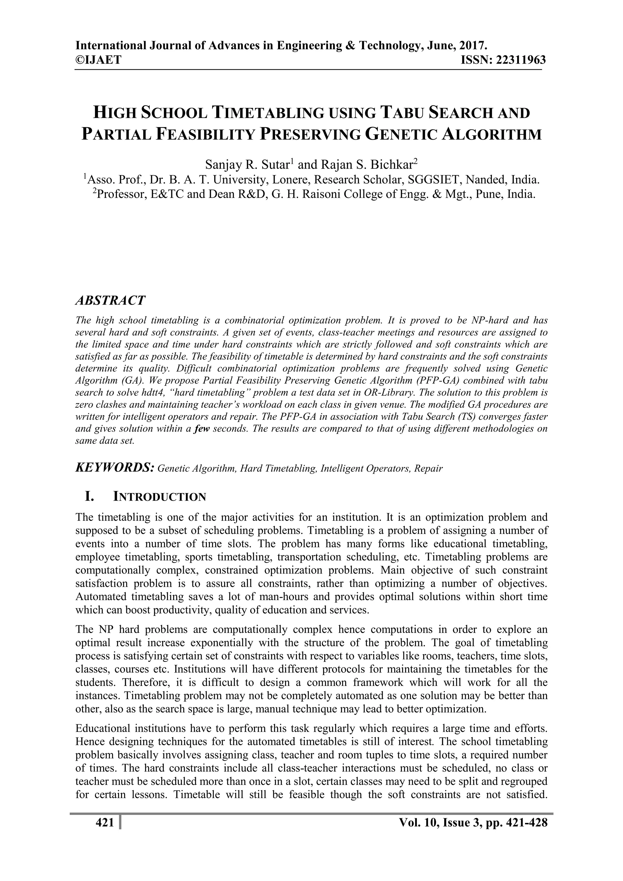 HIGH SCHOOL TIMETABLING USING TABU SEARCH AND PARTIAL FEASIBILITY PRESERVING GENETIC ALGORITHM | PDF