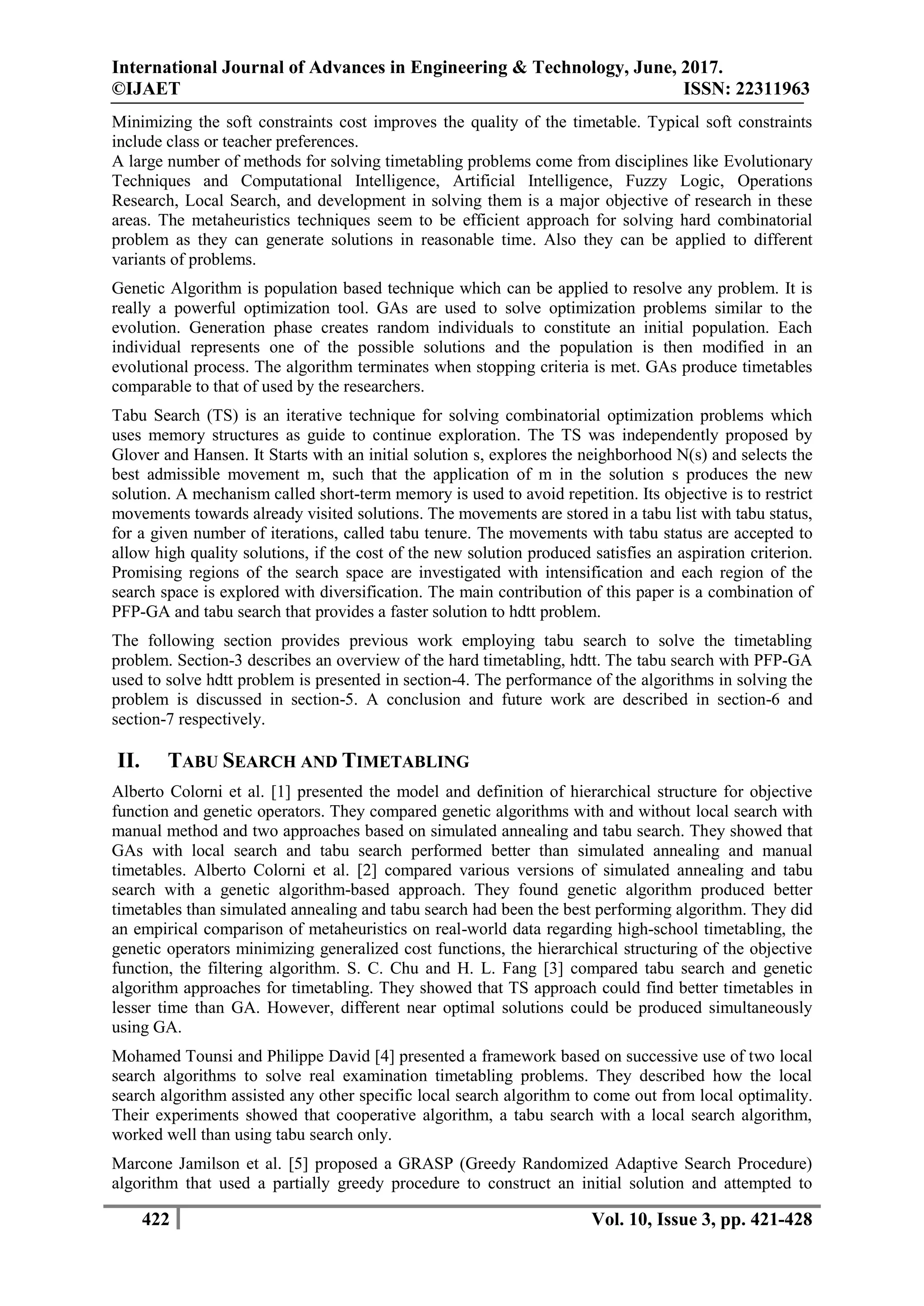 HIGH SCHOOL TIMETABLING USING TABU SEARCH AND PARTIAL FEASIBILITY PRESERVING GENETIC ALGORITHM | PDF