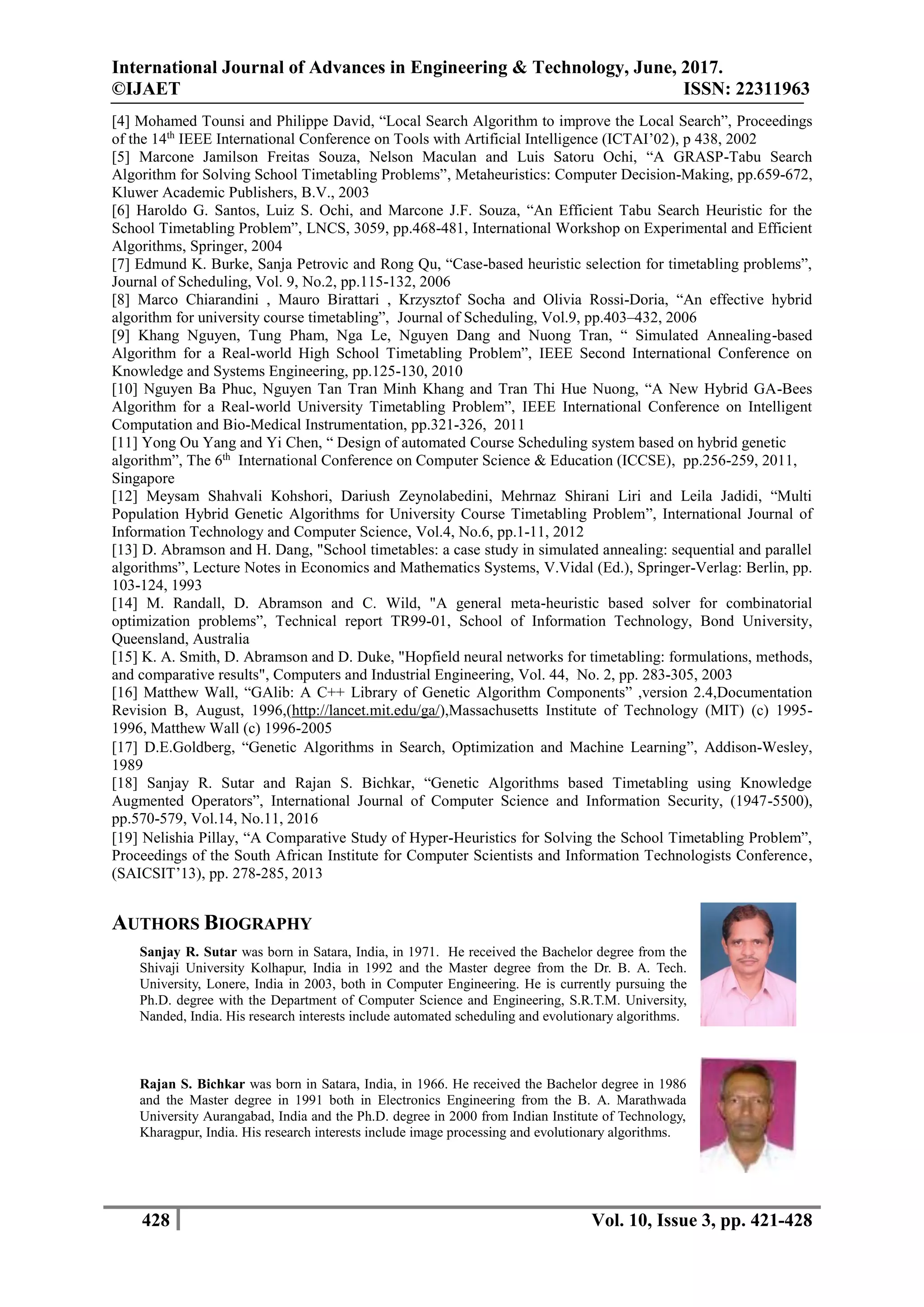 HIGH SCHOOL TIMETABLING USING TABU SEARCH AND PARTIAL FEASIBILITY PRESERVING GENETIC ALGORITHM | PDF