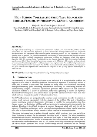 HIGH SCHOOL TIMETABLING USING TABU SEARCH AND PARTIAL FEASIBILITY PRESERVING GENETIC ALGORITHM | PDF