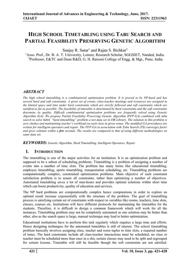 HIGH SCHOOL TIMETABLING USING TABU SEARCH AND PARTIAL FEASIBILITY PRESERVING GENETIC ALGORITHM | PDF