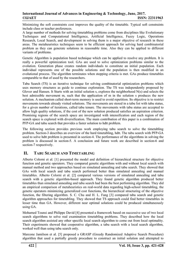 HIGH SCHOOL TIMETABLING USING TABU SEARCH AND PARTIAL FEASIBILITY PRESERVING GENETIC ALGORITHM | PDF