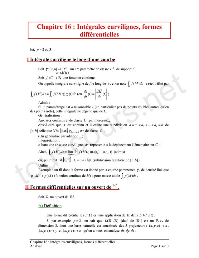 16 intégrales curvilignes, formes différentielles | PDF