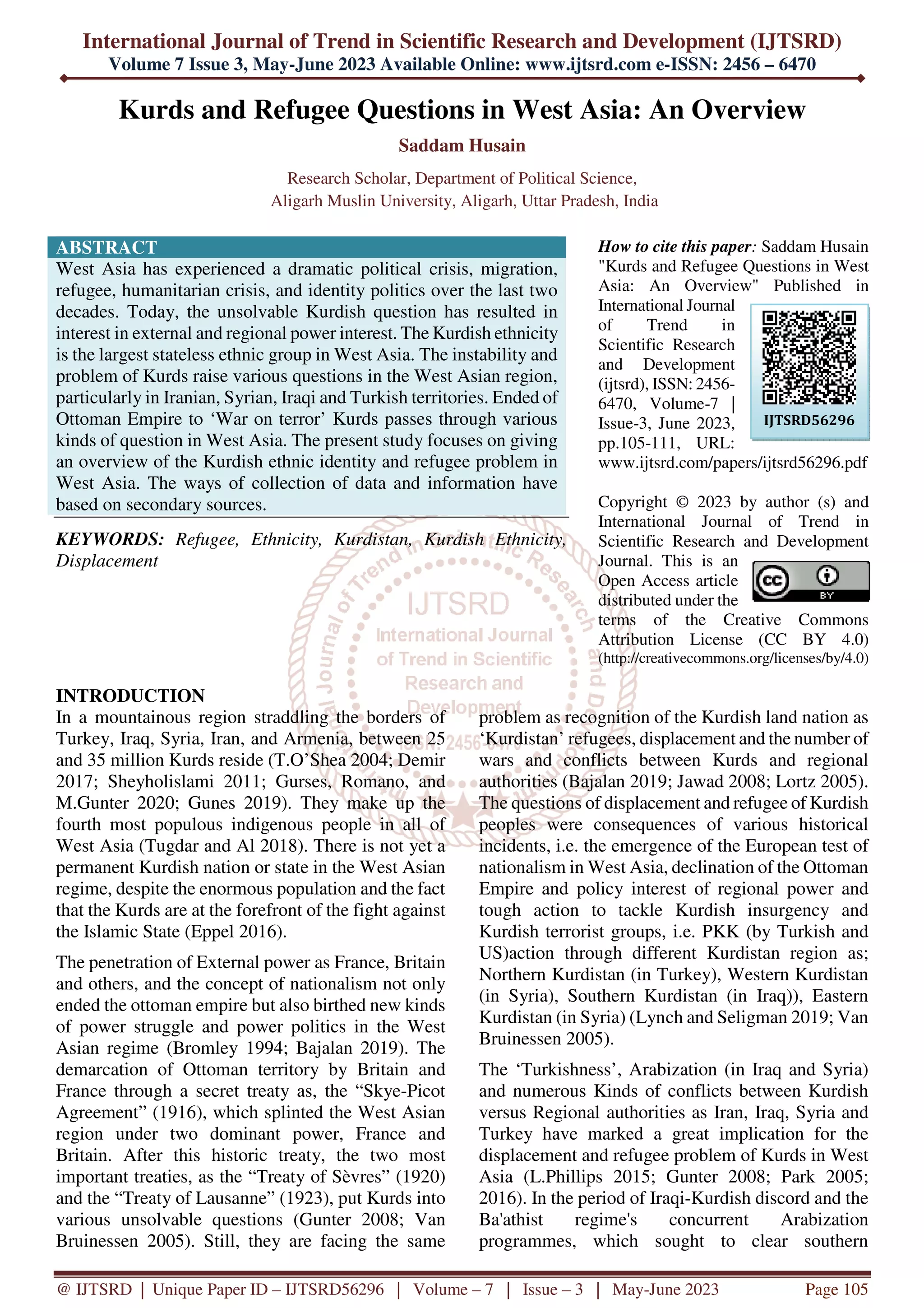 Kurds and Refugee Questions in West Asia An Overview | PDF