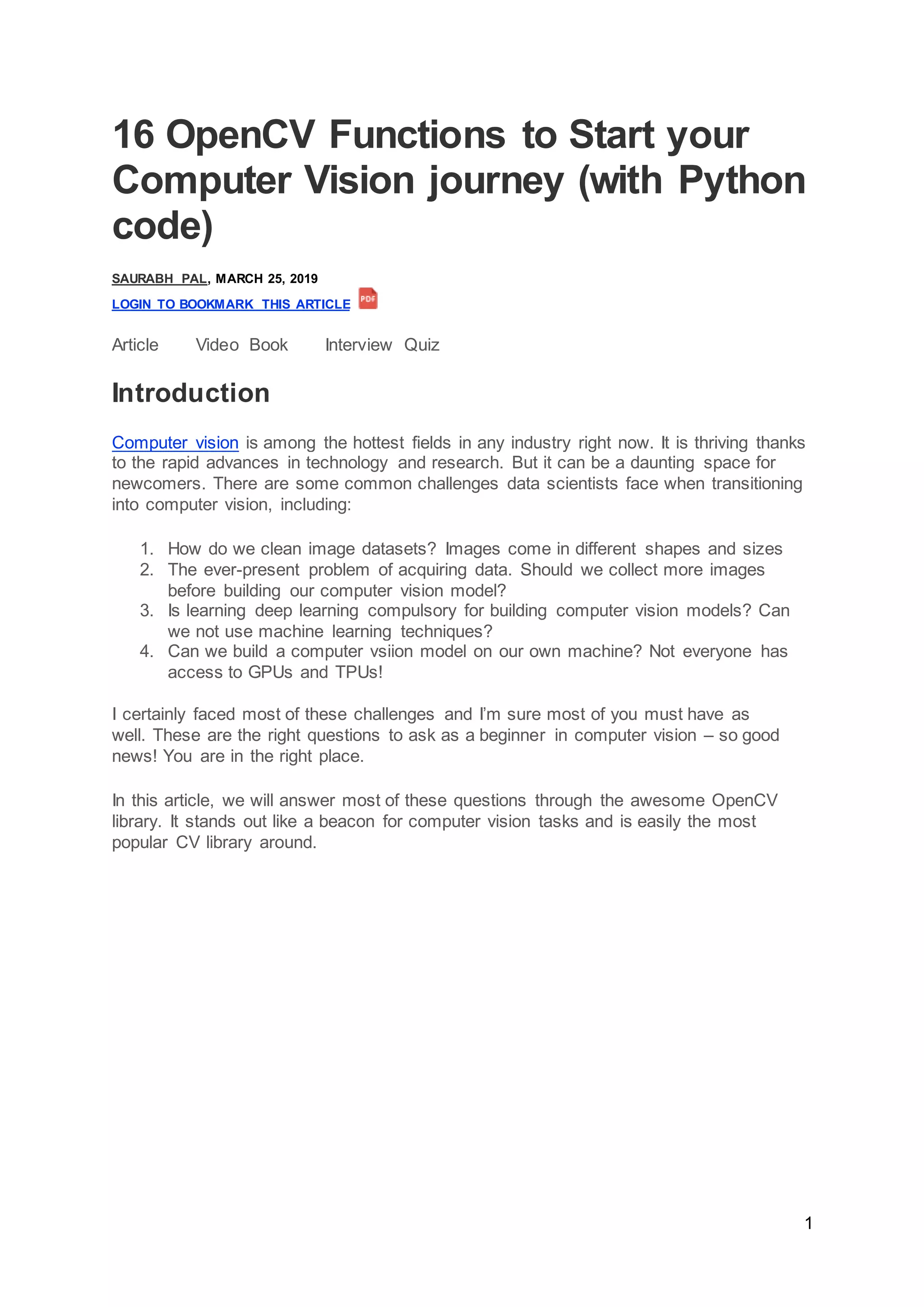 16 Opencv Functions To Start Your Computer Vision Journey Docx