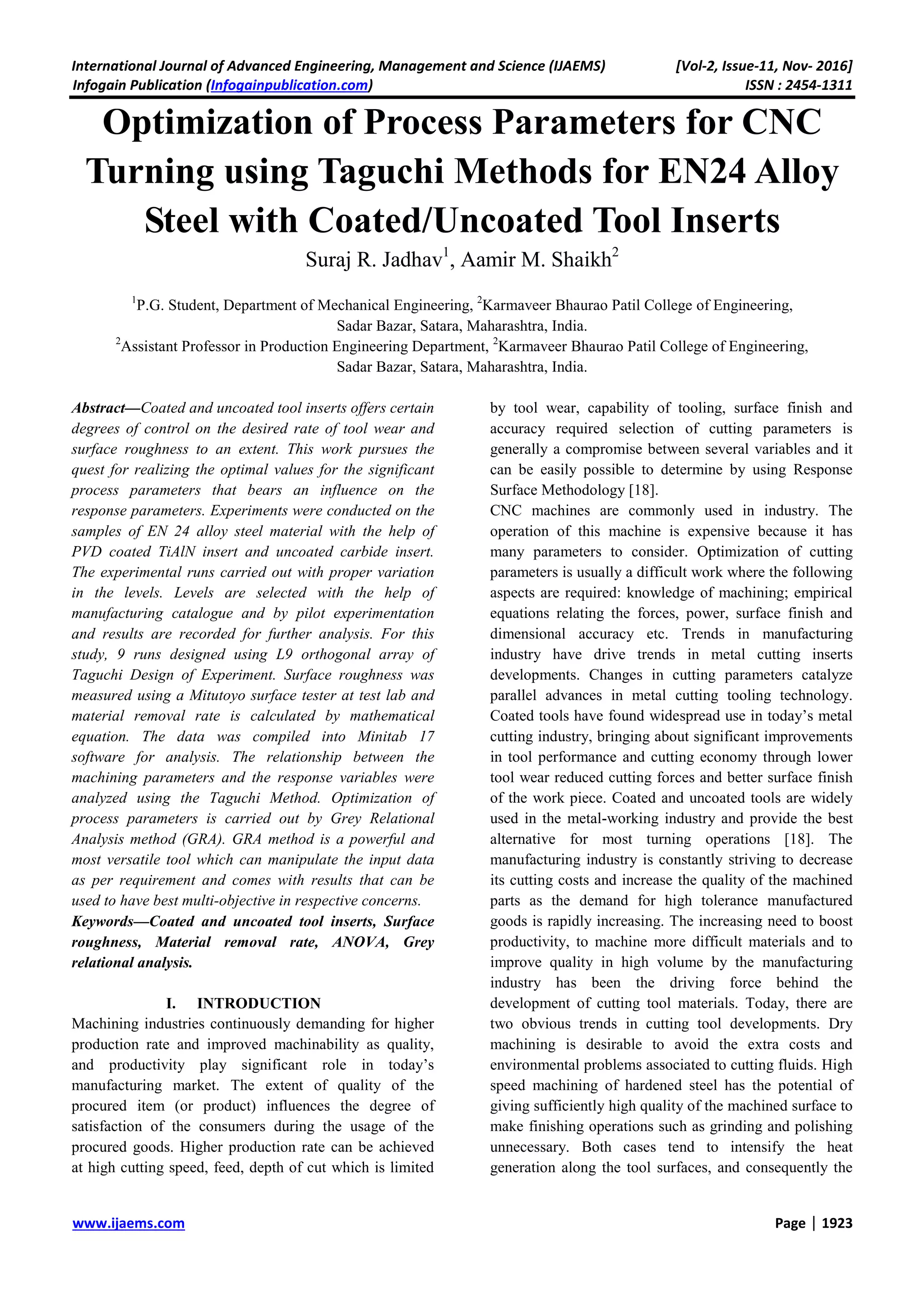 Optimization Of Process Parameters For Cnc Turning Using Taguchi Methods For En24 Pdf