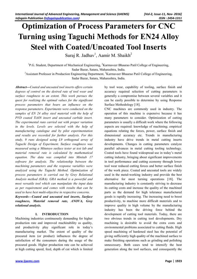 optimization of process parameters for cnc turning using taguchi methods for en24 | PDF