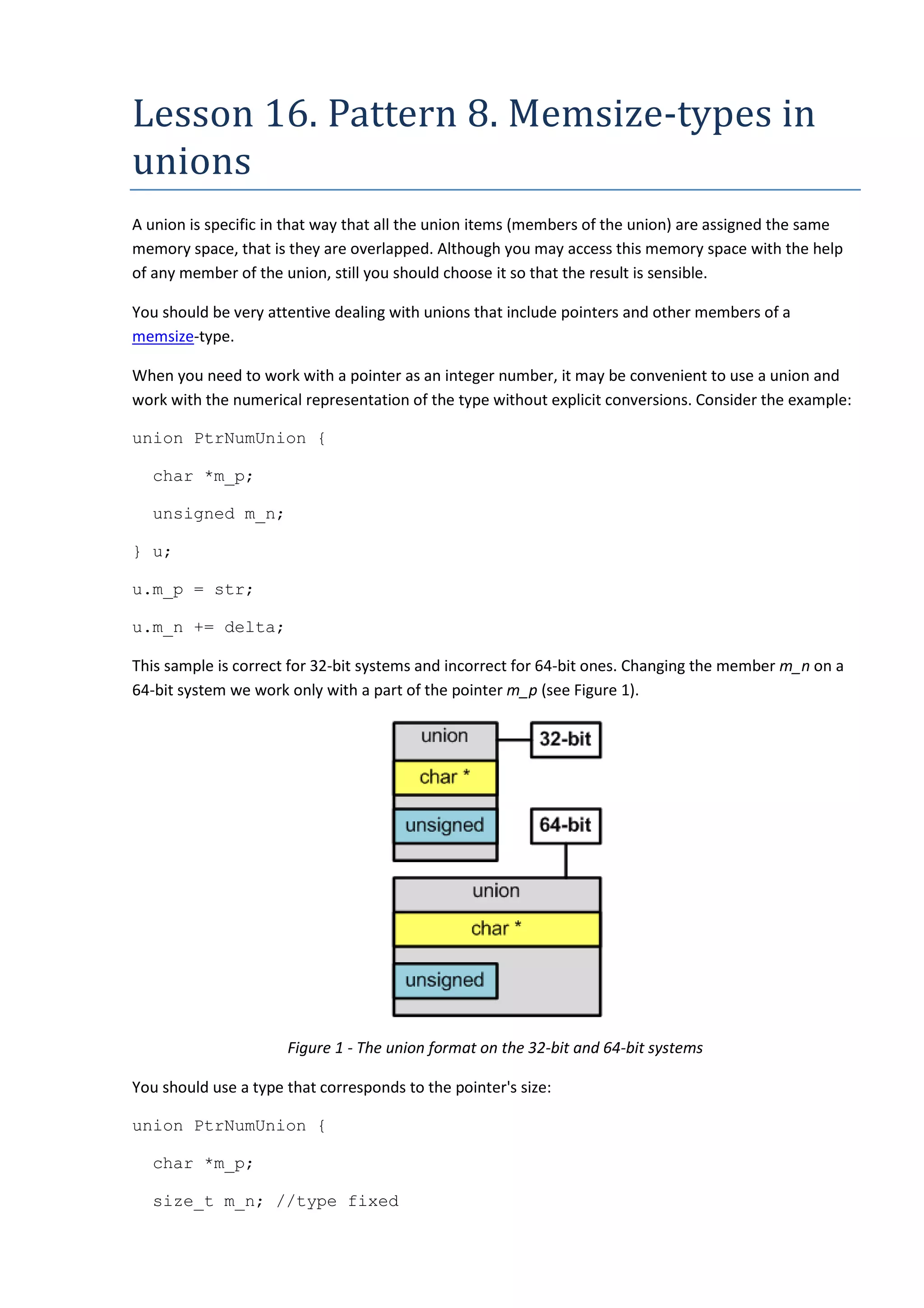 Lesson 16. Pattern 8. Memsize-types in unions | PDF