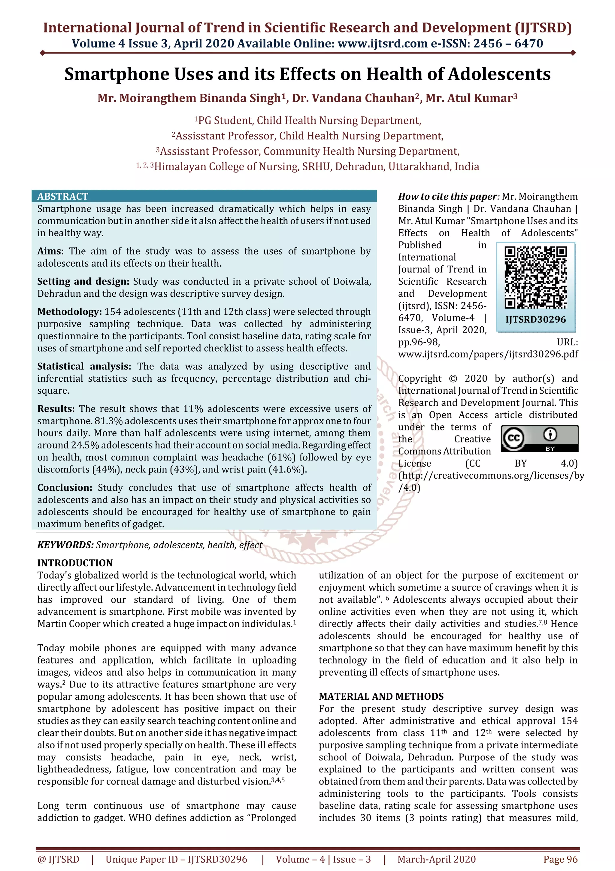 Smartphone Uses and its Effects on Health of Adolescents | PDF