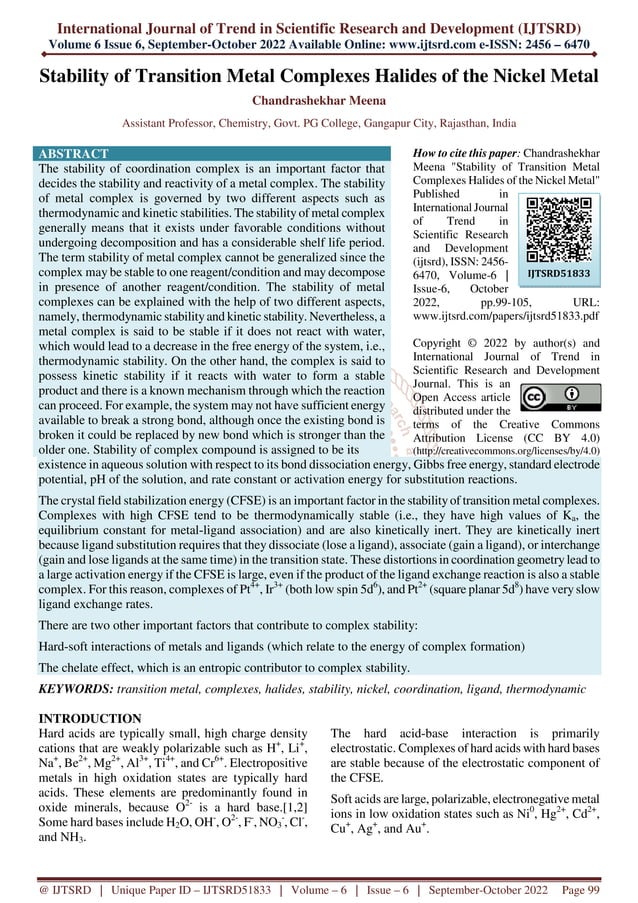 Stability of Transition Metal Complexes Halides of the Nickel Metal | PDF | Chemistry | Science
