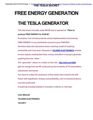 FREE ENERGY GENERATION THE TESLA GENERATOR | PDF