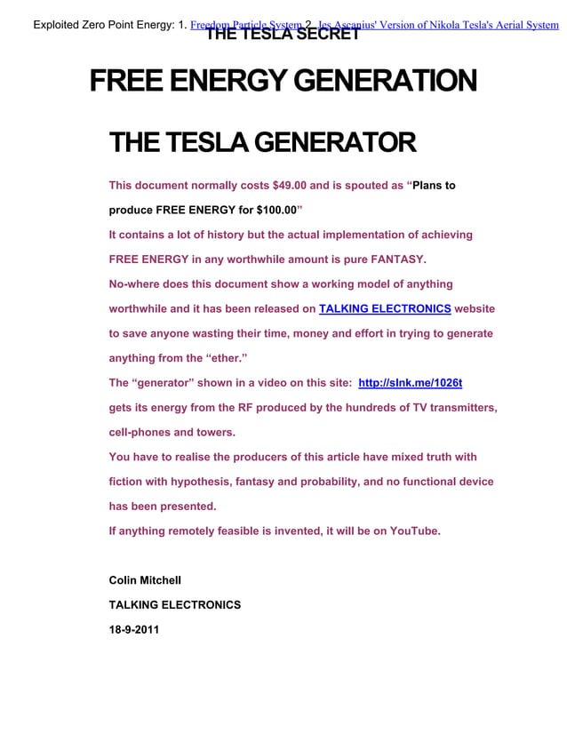FREE ENERGY GENERATION THE TESLA GENERATOR | PDF