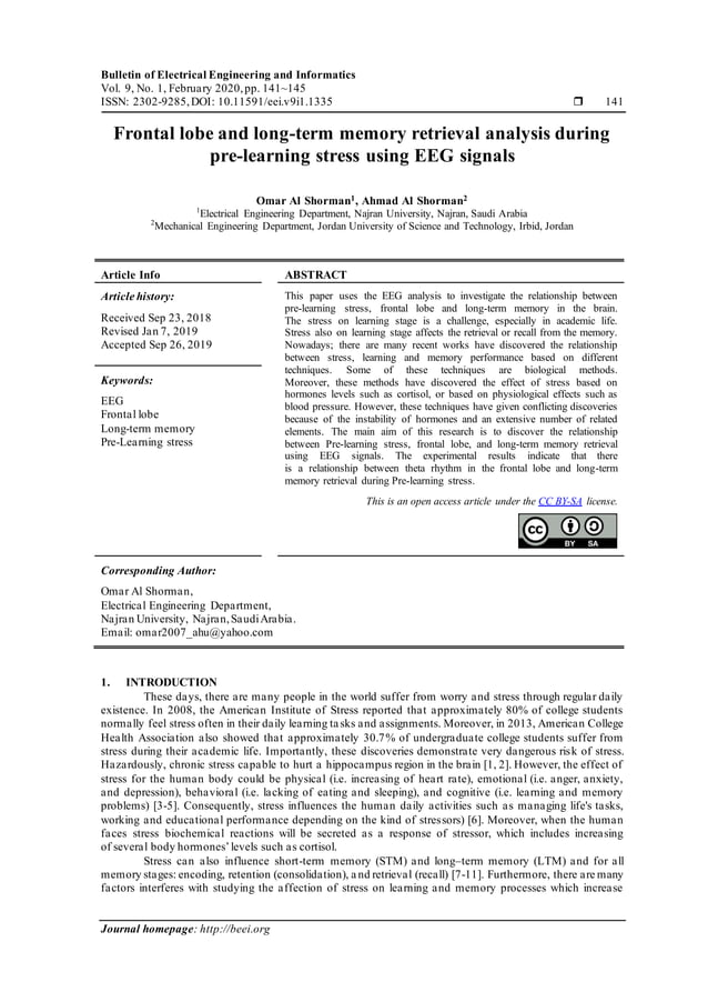 Frontal lobe and long-term memory retrieval analysis during pre-learning stress using EEG ...