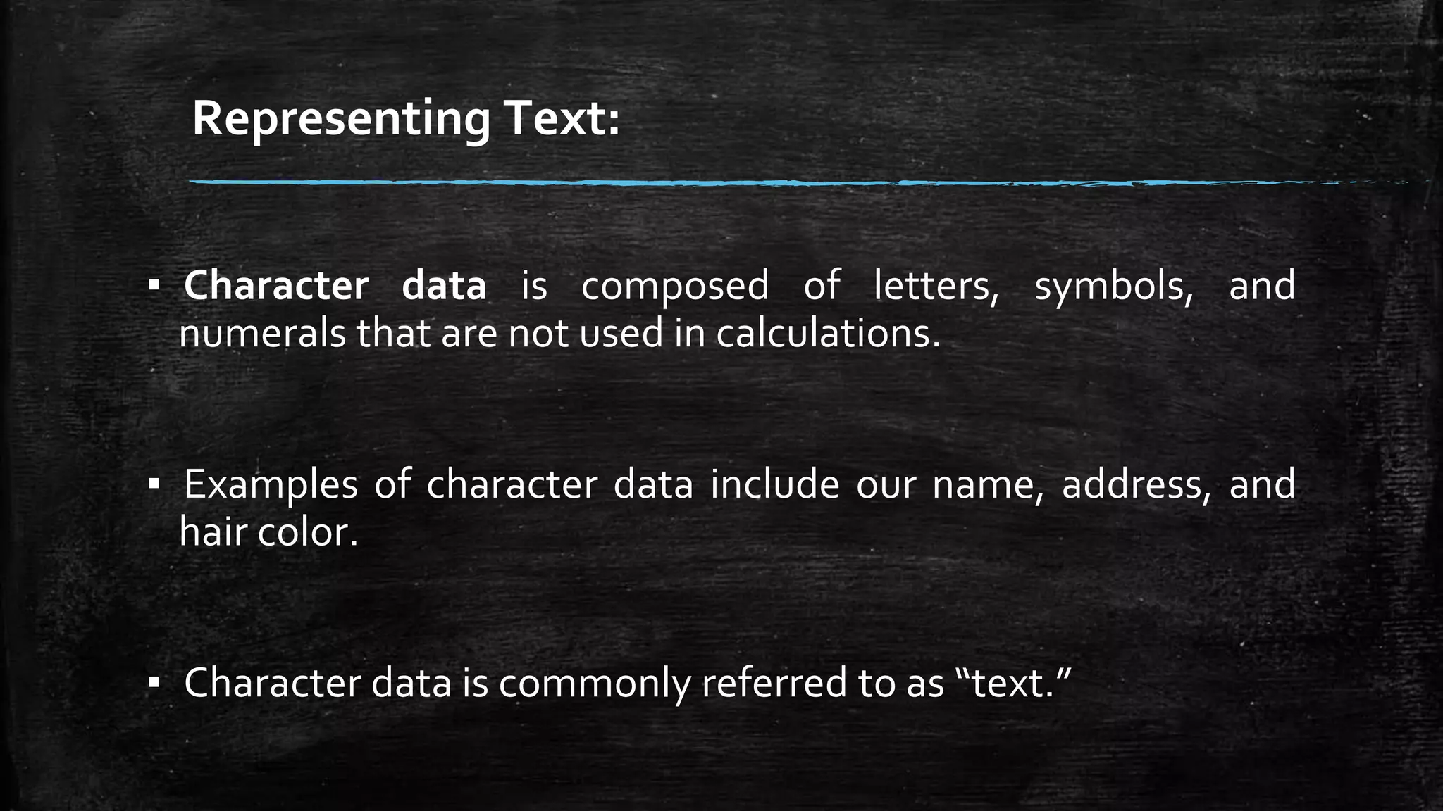 Data representation (ASCII, ISO etc.), direction of data flow (simplex ...