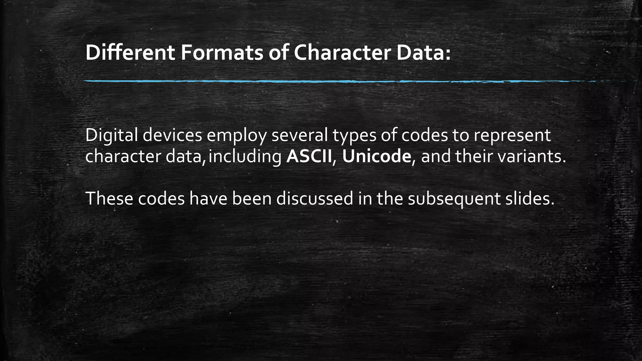 Data representation (ASCII, ISO etc.), direction of data flow (simplex ...