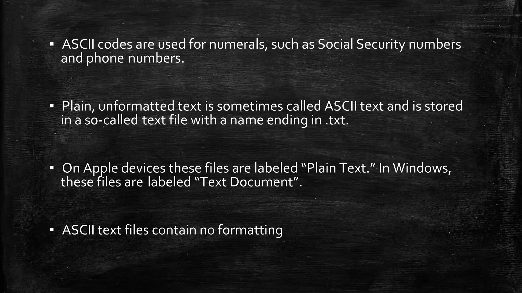 Data representation (ASCII, ISO etc.), direction of data flow (simplex, half duplex, full duplex ...