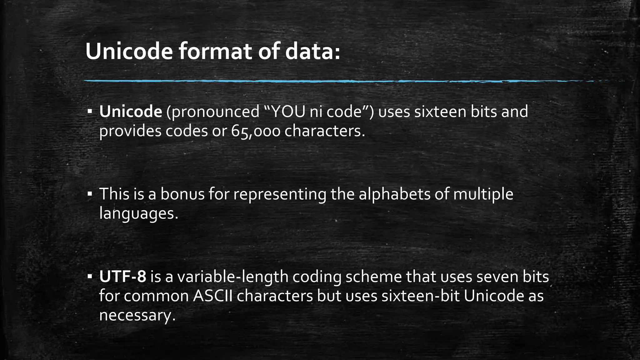 Data representation (ASCII, ISO etc.), direction of data flow (simplex, half duplex, full duplex ...