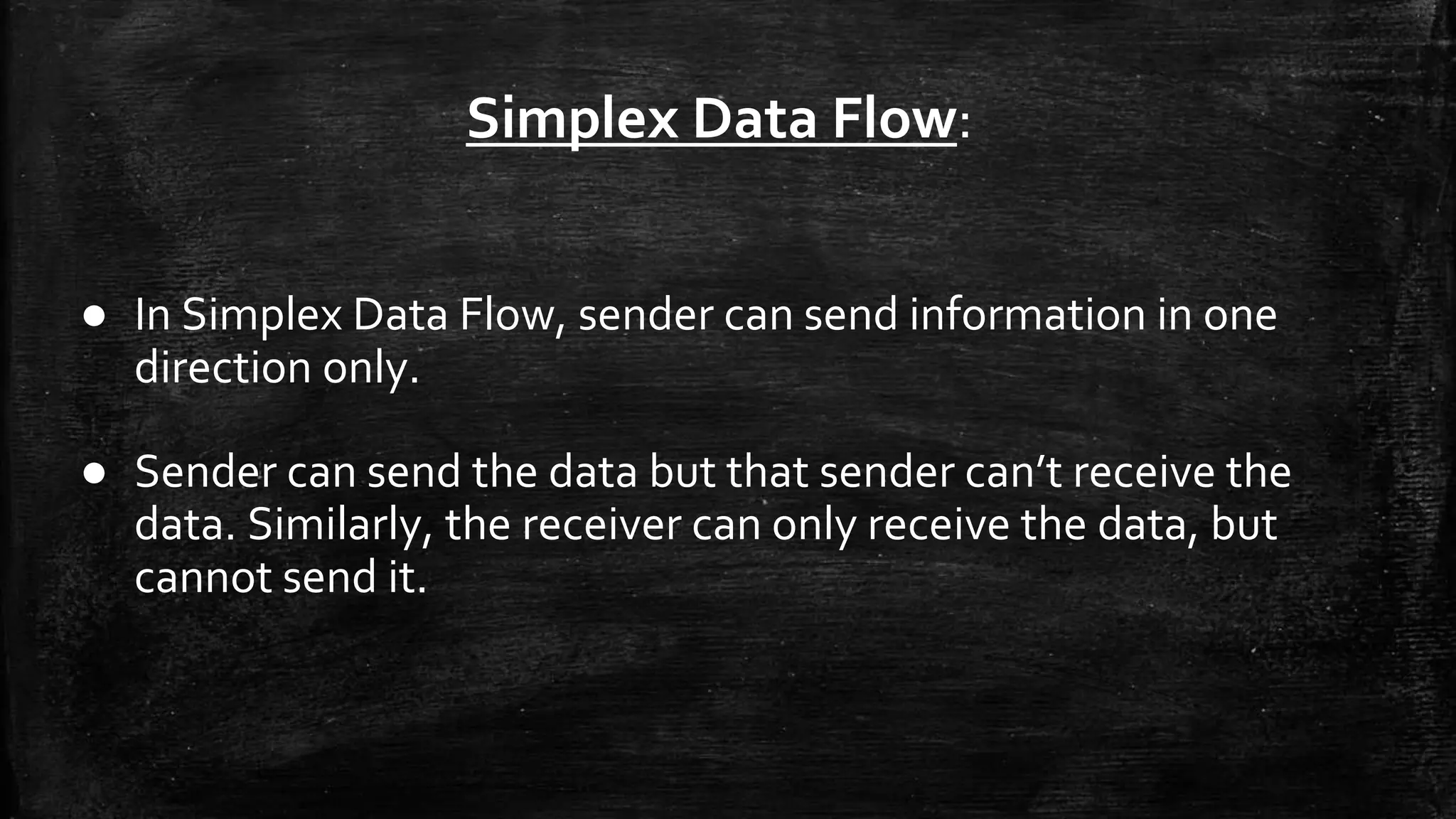 Data representation (ASCII, ISO etc.), direction of data flow (simplex ...