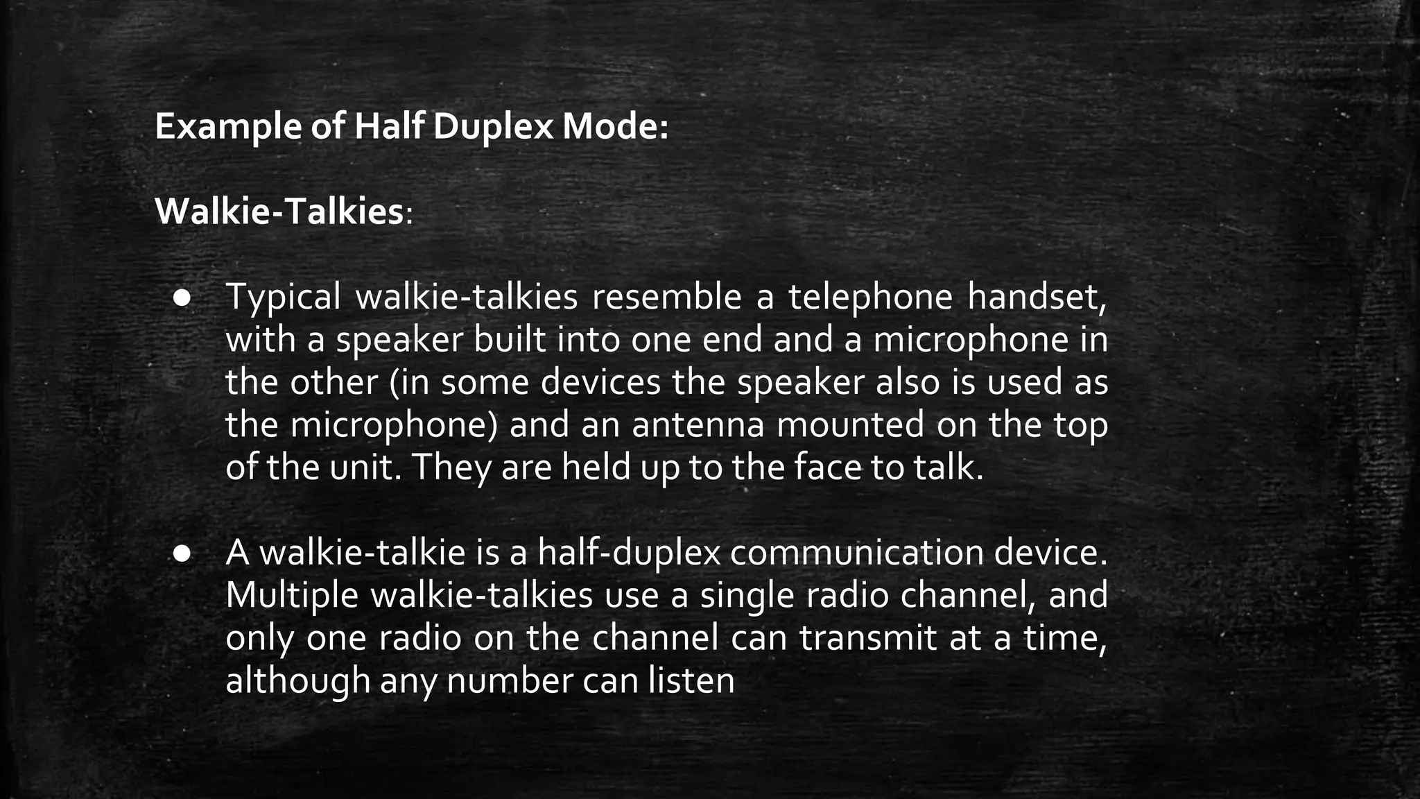 Data representation (ASCII, ISO etc.), direction of data flow (simplex ...