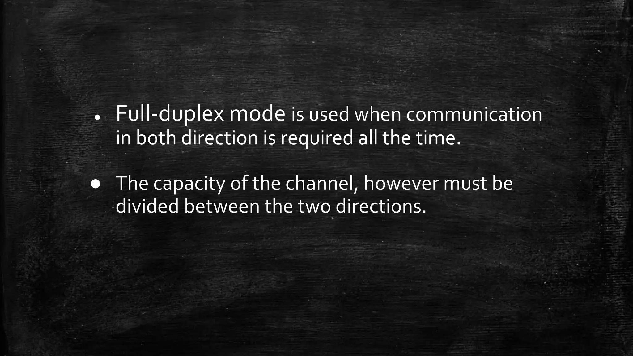Data representation (ASCII, ISO etc.), direction of data flow (simplex, half duplex, full duplex ...