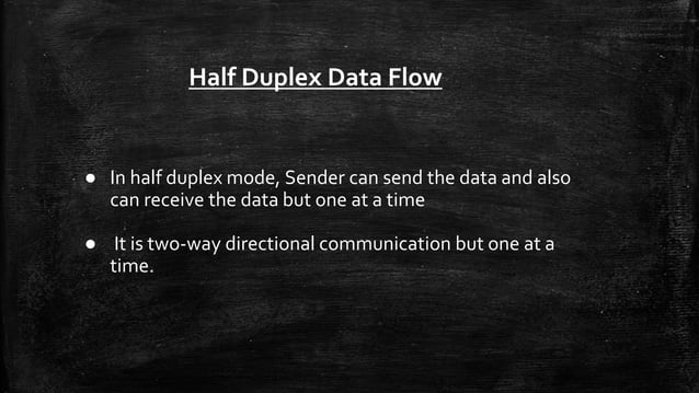 Data representation (ASCII, ISO etc.), direction of data flow (simplex, half duplex, full duplex ...