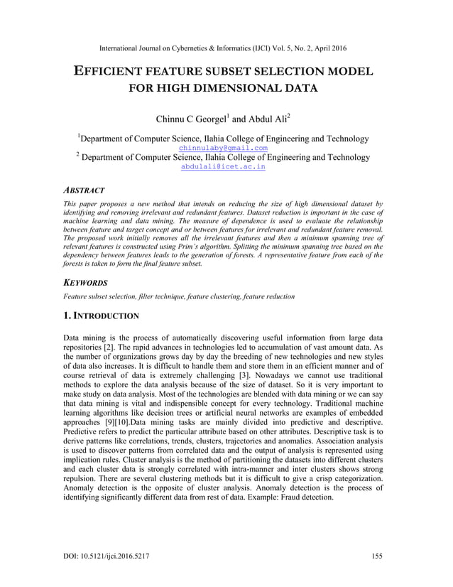 Efficient Feature Subset Selection Model For High Dimensional Data Pdf