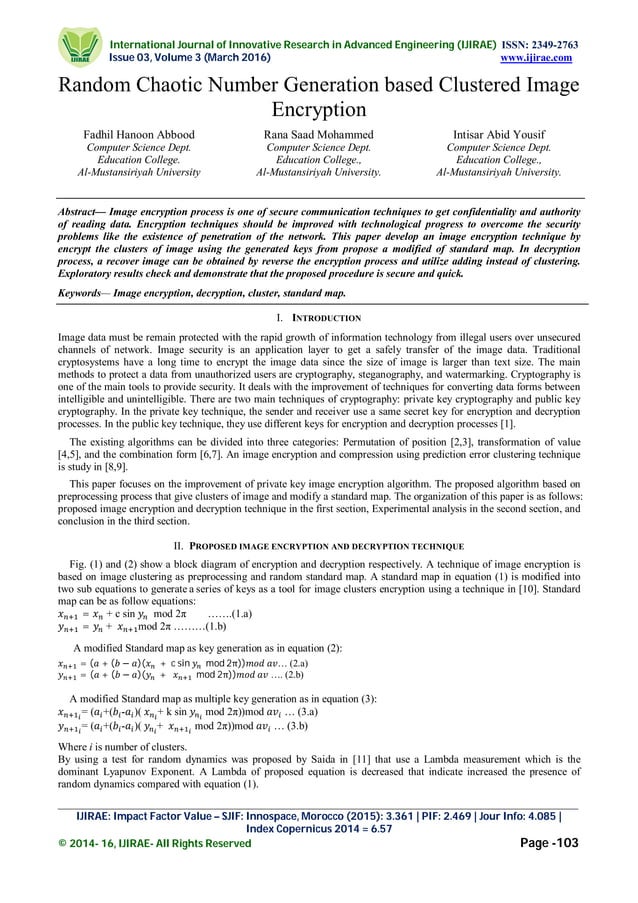 Random Chaotic Number Generation based Clustered Image Encryption | PDF