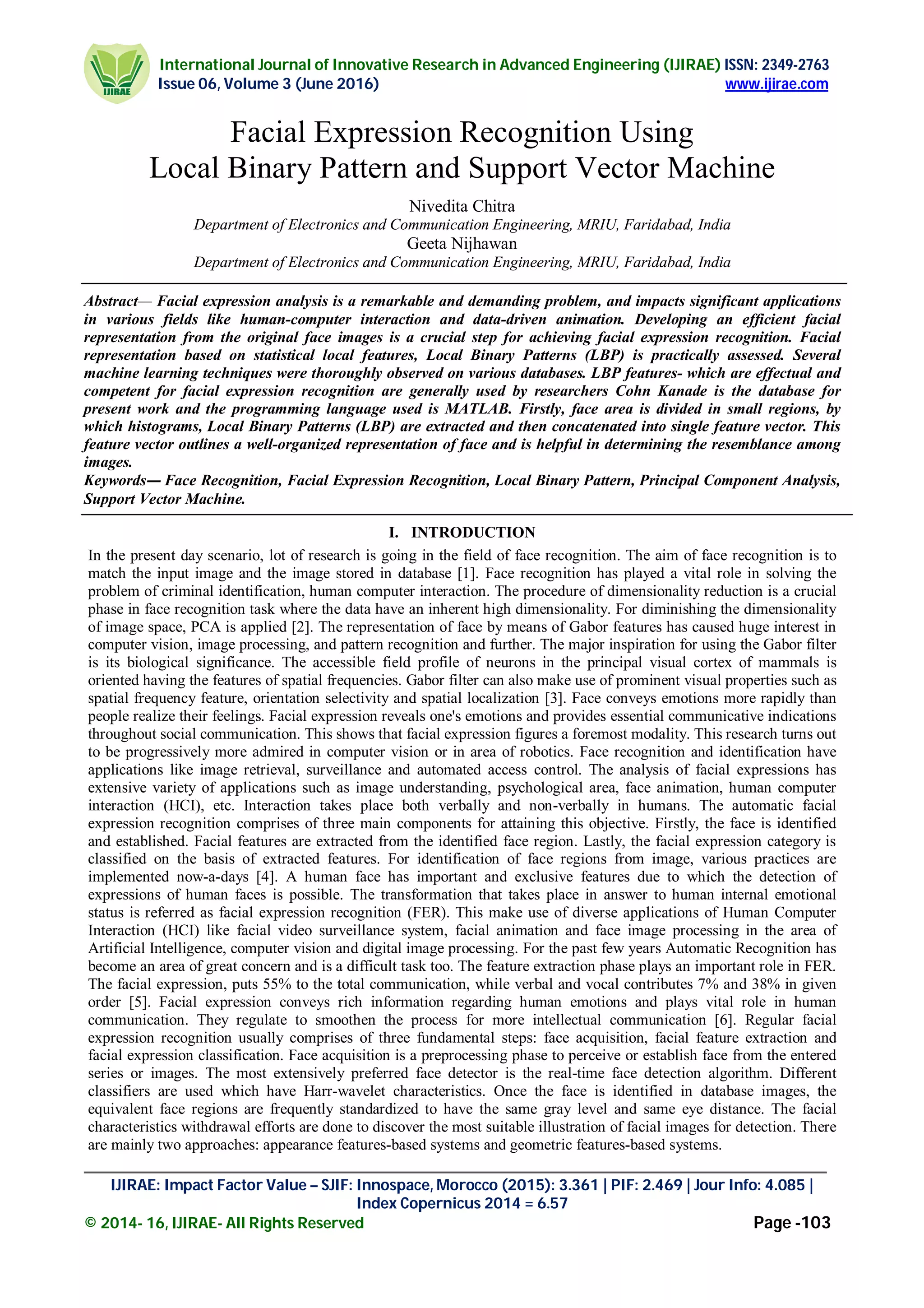 Facial Expression Recognition Using Local Binary Pattern And Support Vector Machine Pdf