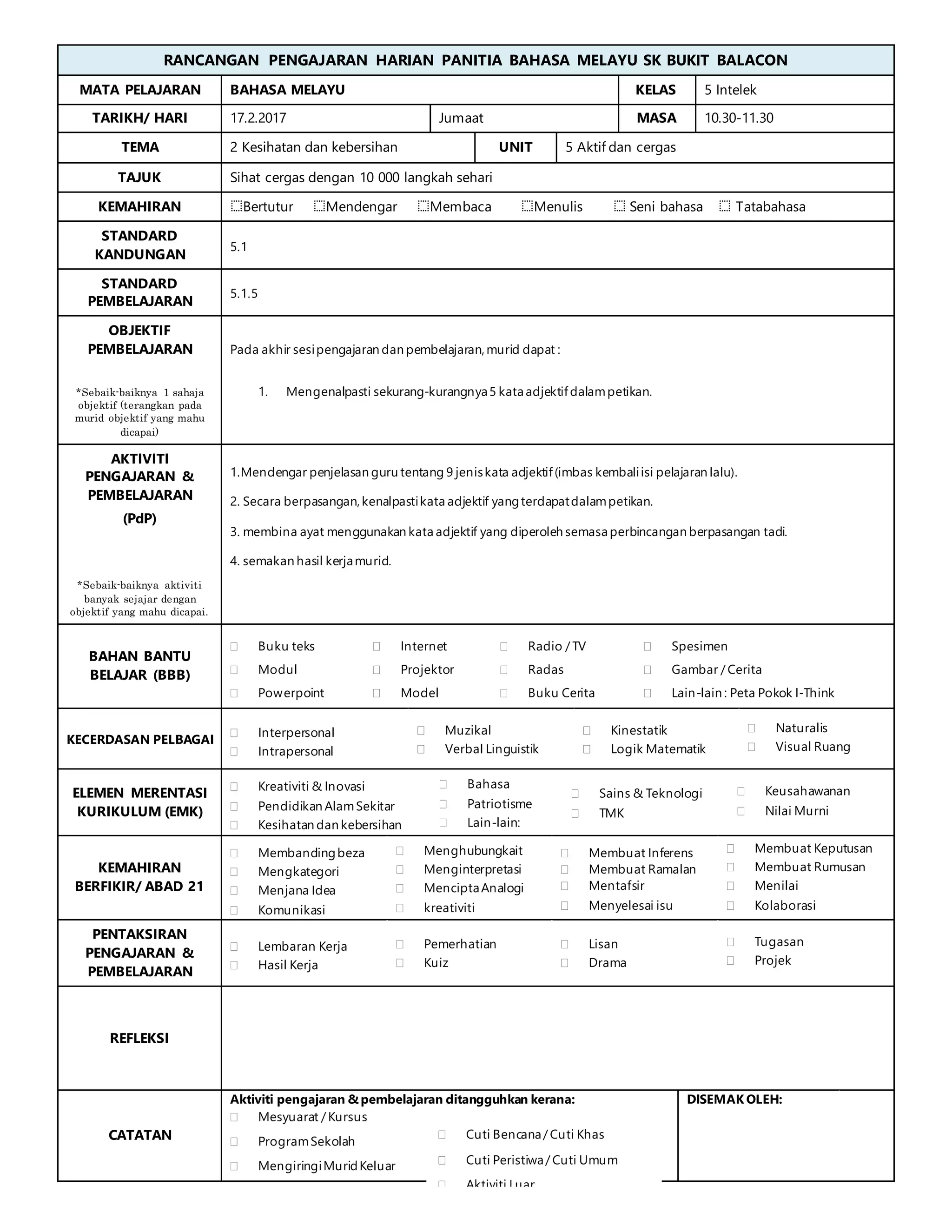 FORMAT TEMPLATE RPH PAK21 BAHASA MELAYU | DOCX