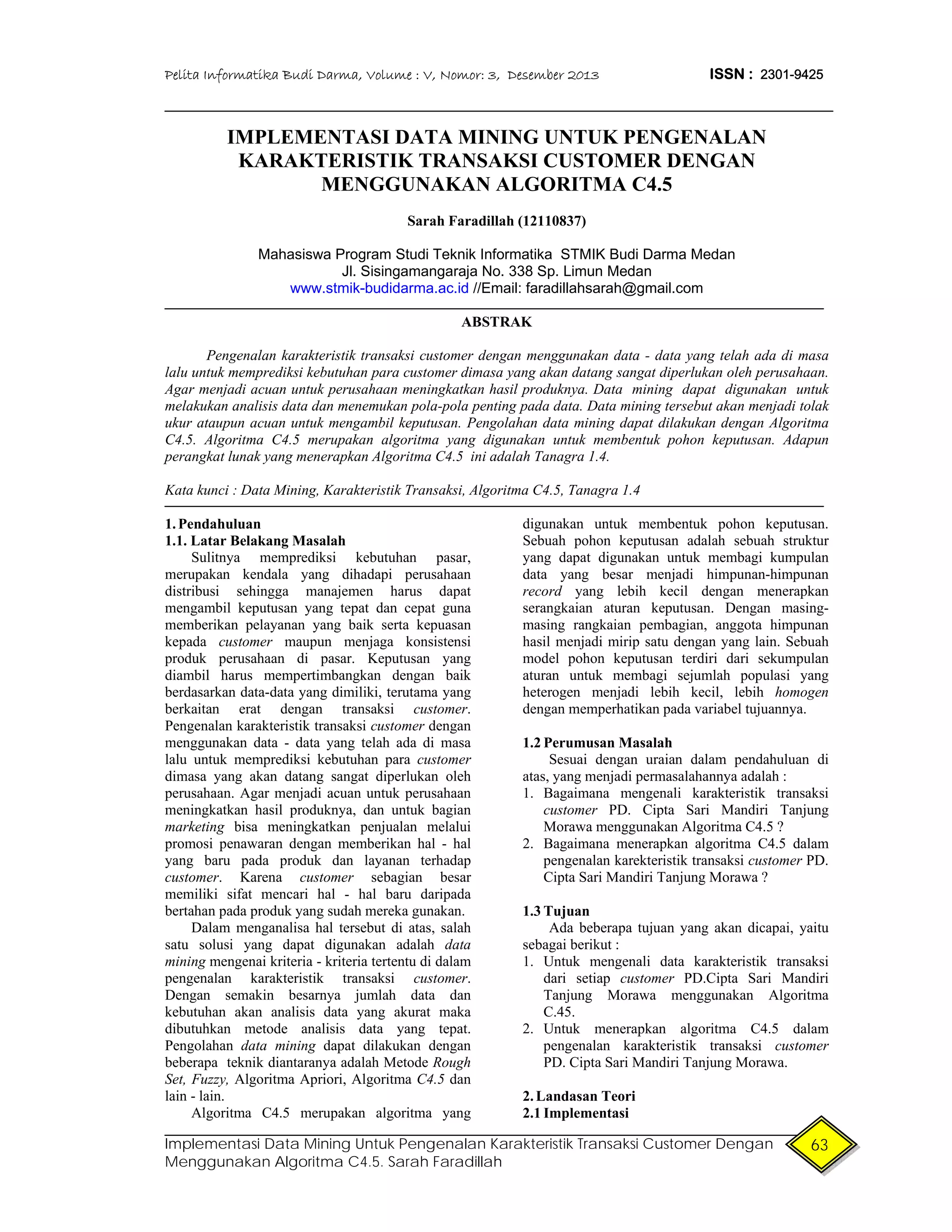 17. sarah fadilah implementasi data mining untuk pengenalan karakteristik transaksi customer ...