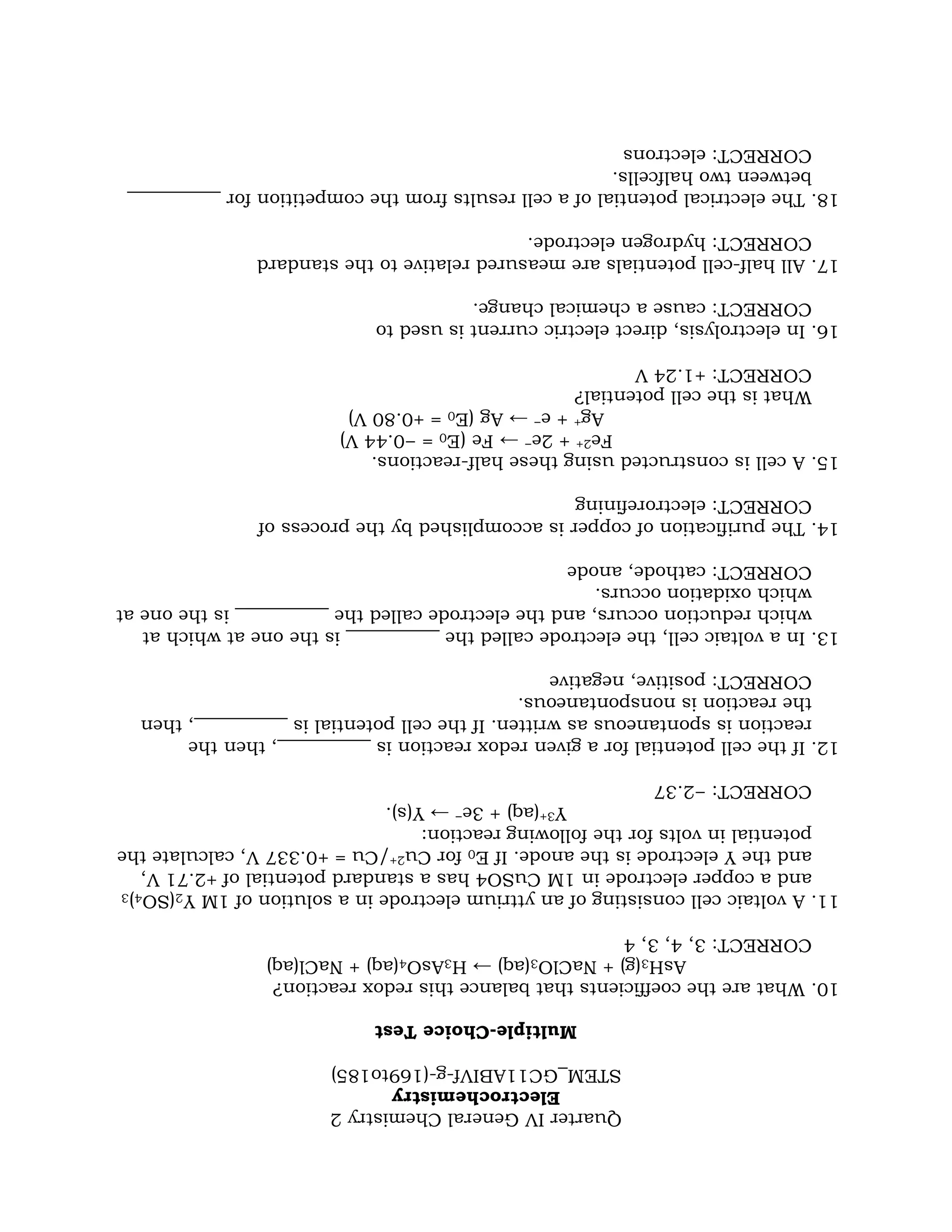 SHS STEM General Chemistry MCT 17. Electrochemistry | PDF