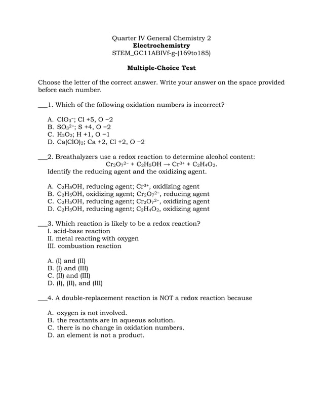 SHS STEM General Chemistry MCT 17. Electrochemistry | PDF