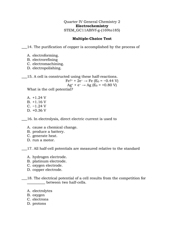 SHS STEM General Chemistry MCT 17. Electrochemistry | PDF