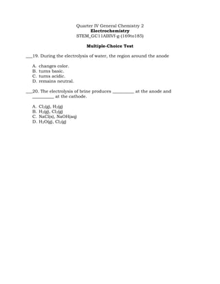 SHS STEM General Chemistry MCT 17. Electrochemistry | PDF