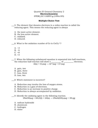SHS STEM General Chemistry MCT 17. Electrochemistry | PDF
