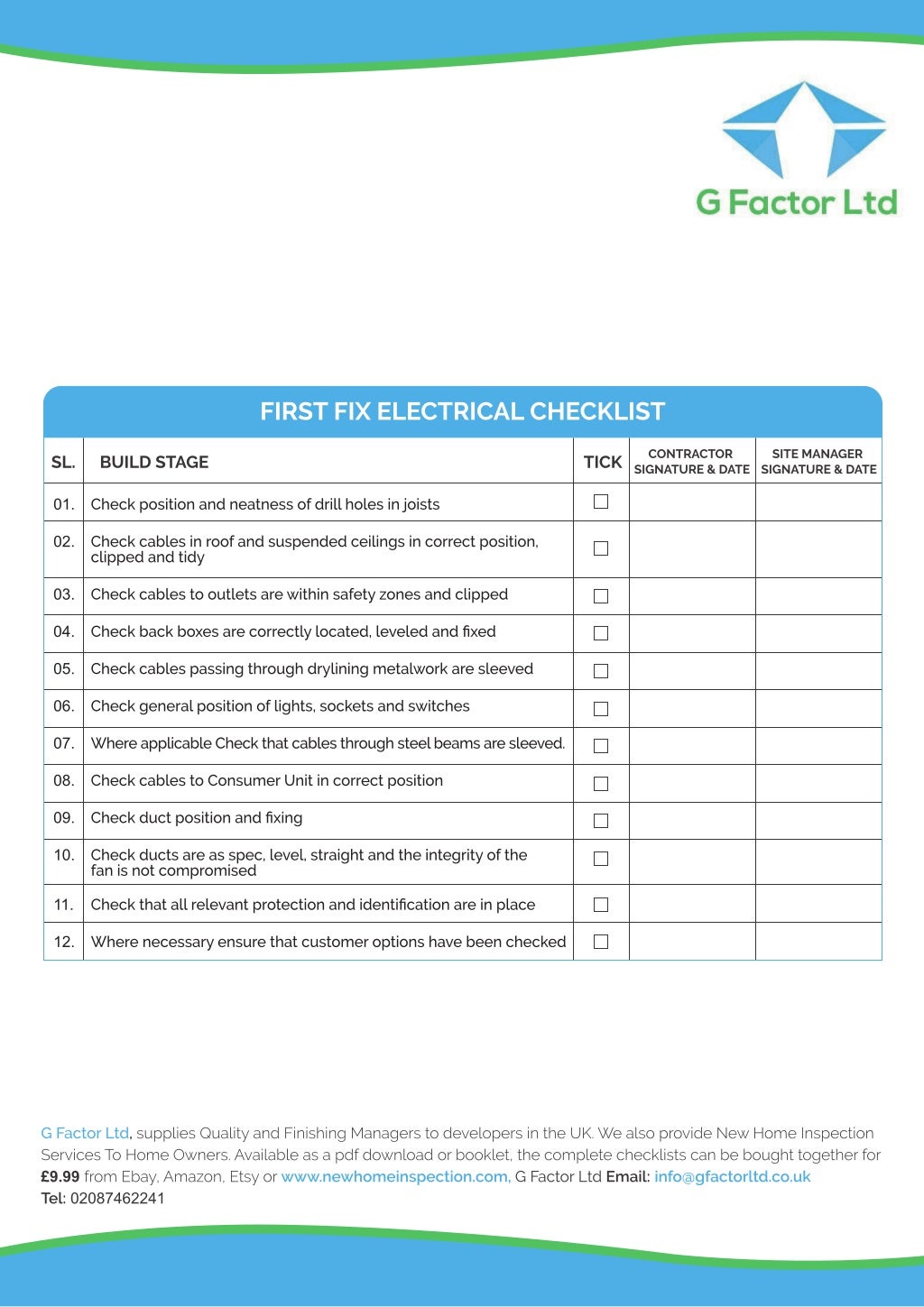 17. First Fix Electrical Checklist