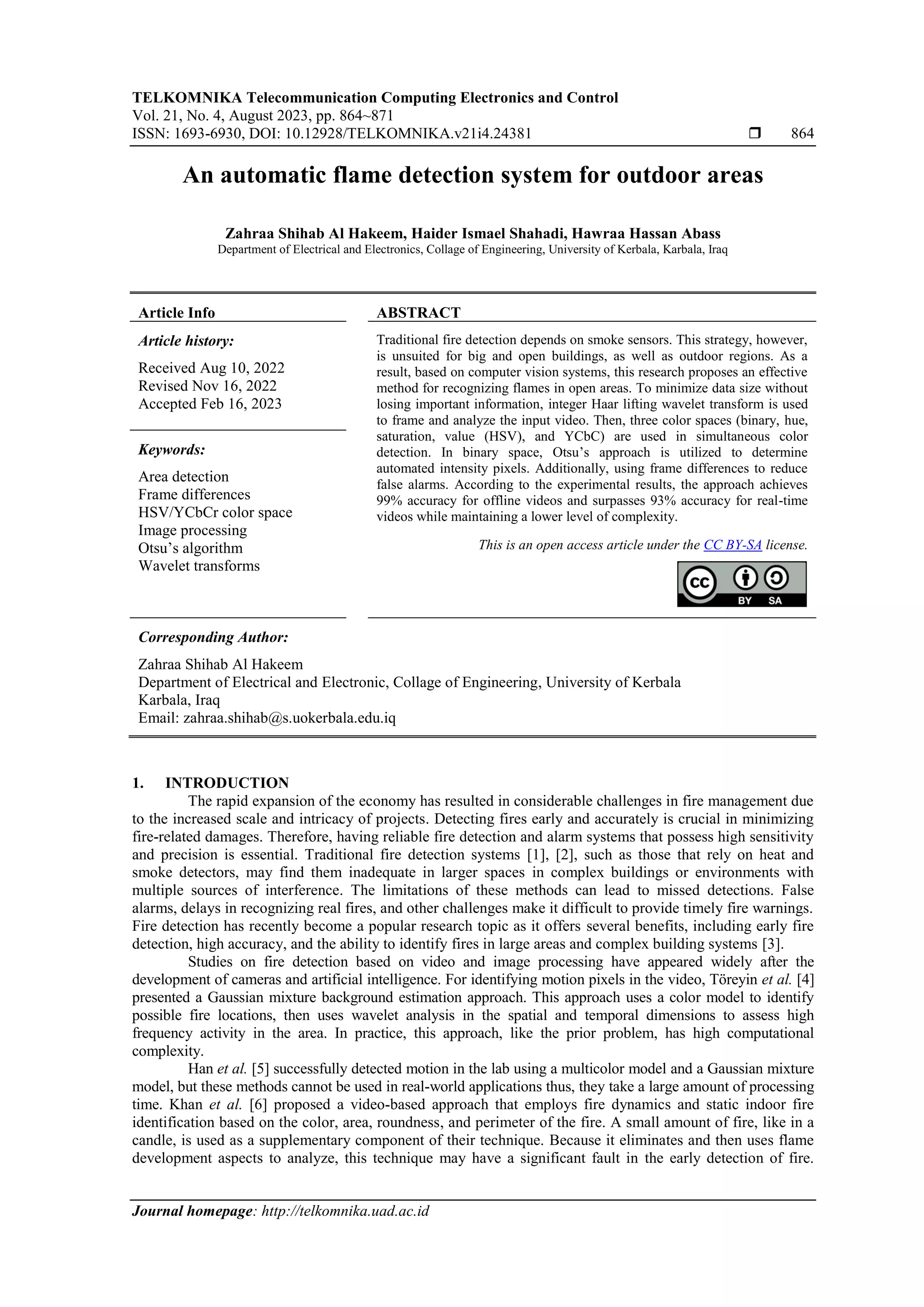 An automatic flame detection system for outdoor areas | PDF