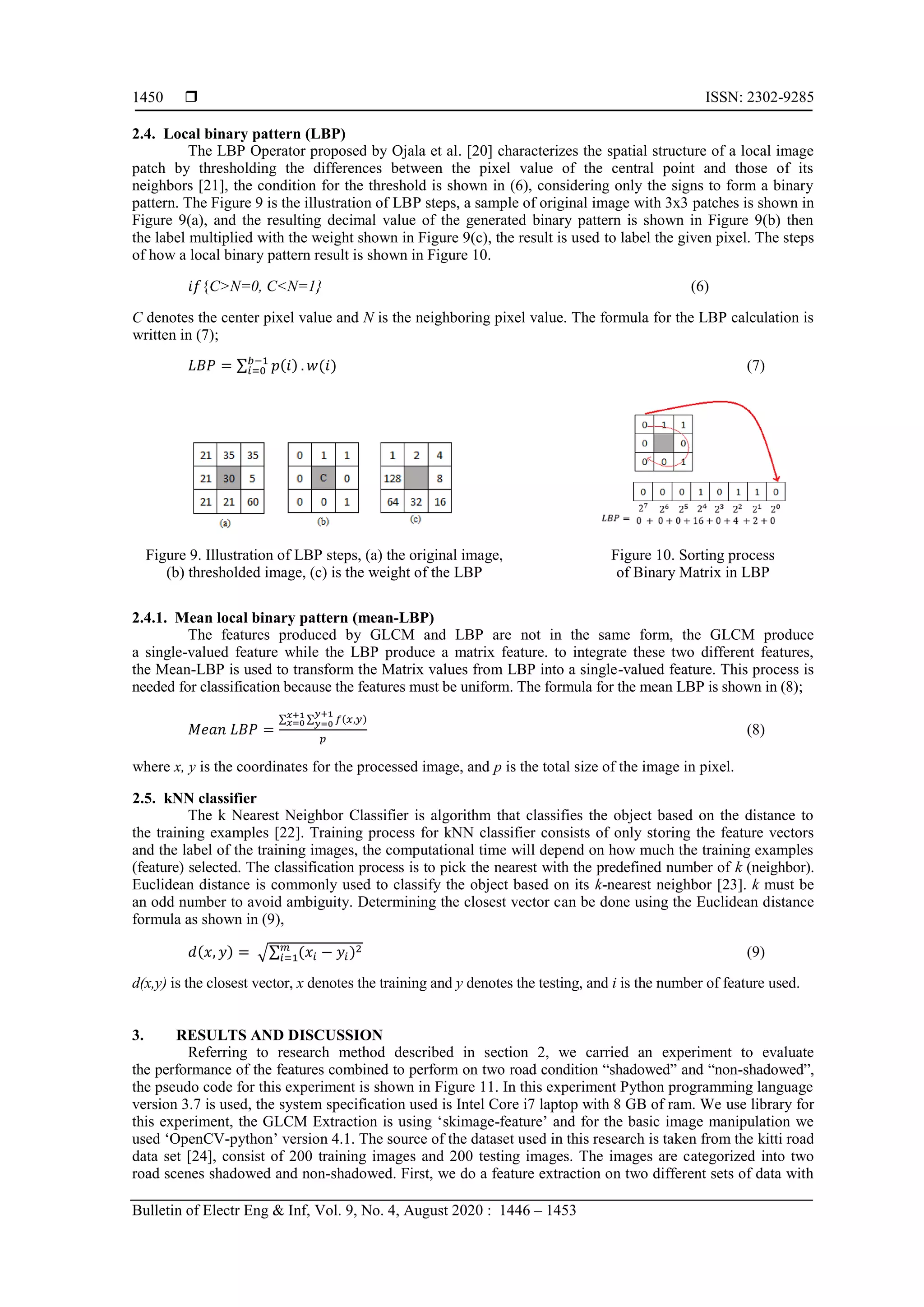 Road surface classification based on LBP and GLCM features using kNN classifier | PDF
