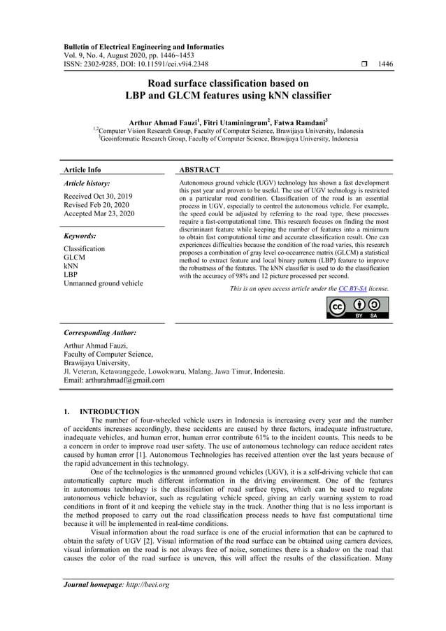 Road surface classification based on LBP and GLCM features using kNN ...