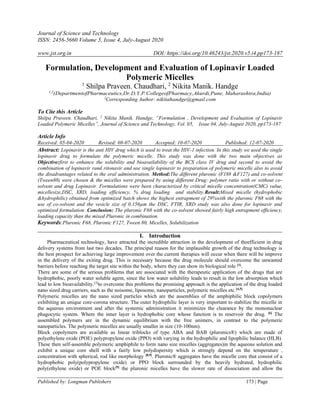 Formulation, Development and Evaluation of Lopinavir Loaded Polymeric Micelles | PDF