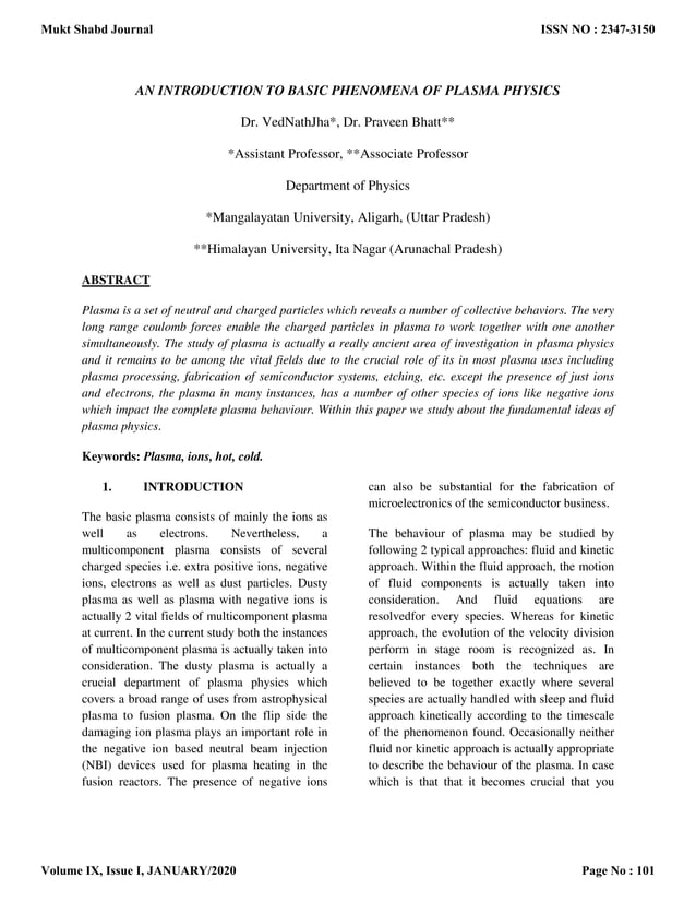 AN INTRODUCTION TO BASIC PHENOMENA OF PLASMA PHYSICS | PDF