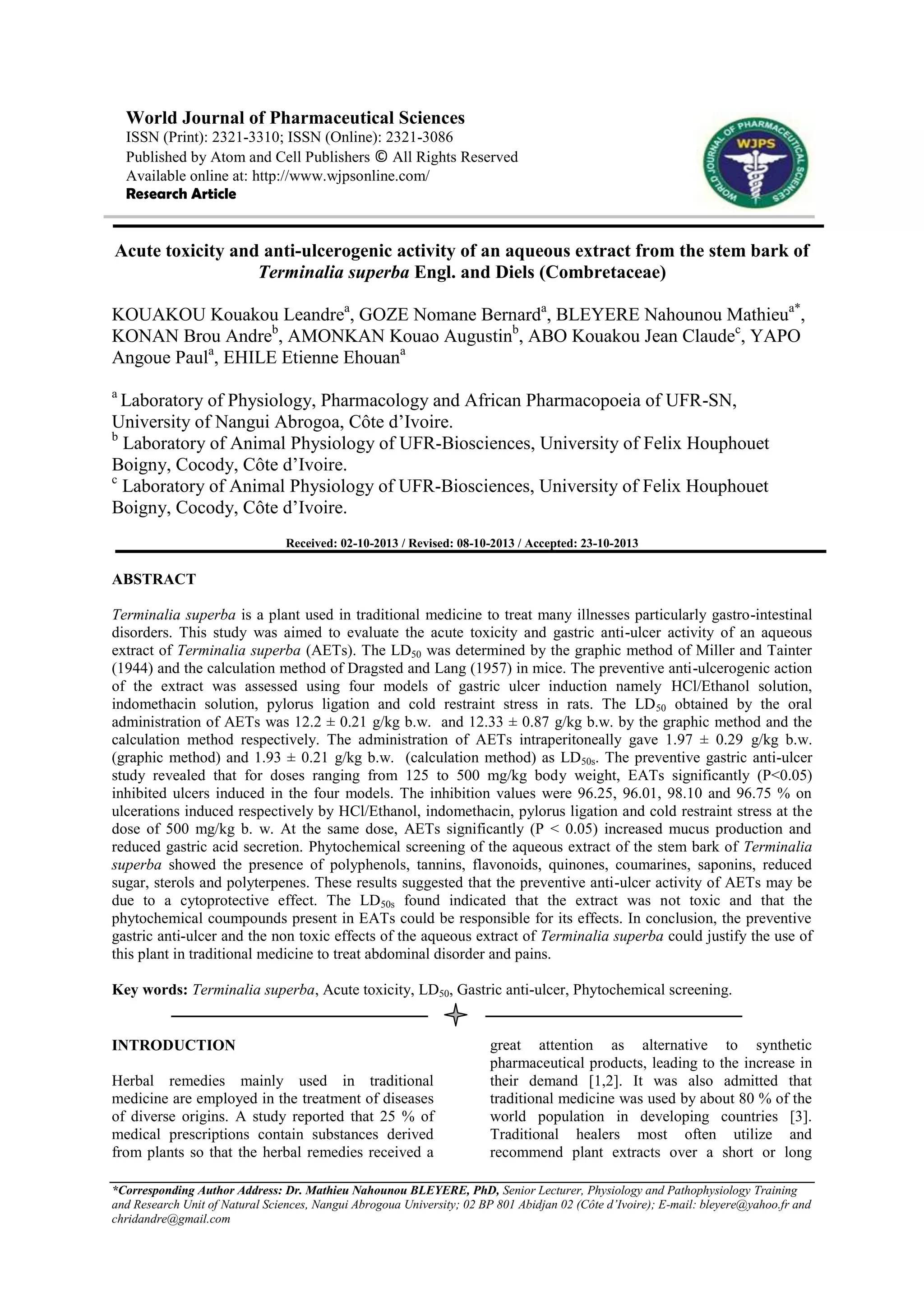 Acute toxicity and anti-ulcerogenic activity of an aqueous extract from ...