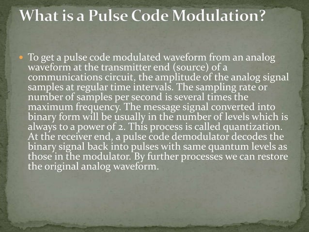 Pulse code modulation (PCM) | PPTX | Digital Audio | Computer Software and Applications