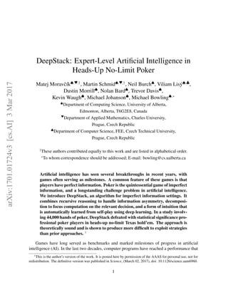 DeepStack: Expert-Level Artificial Intelligence in Heads-Up No-Limit Poker | PDF