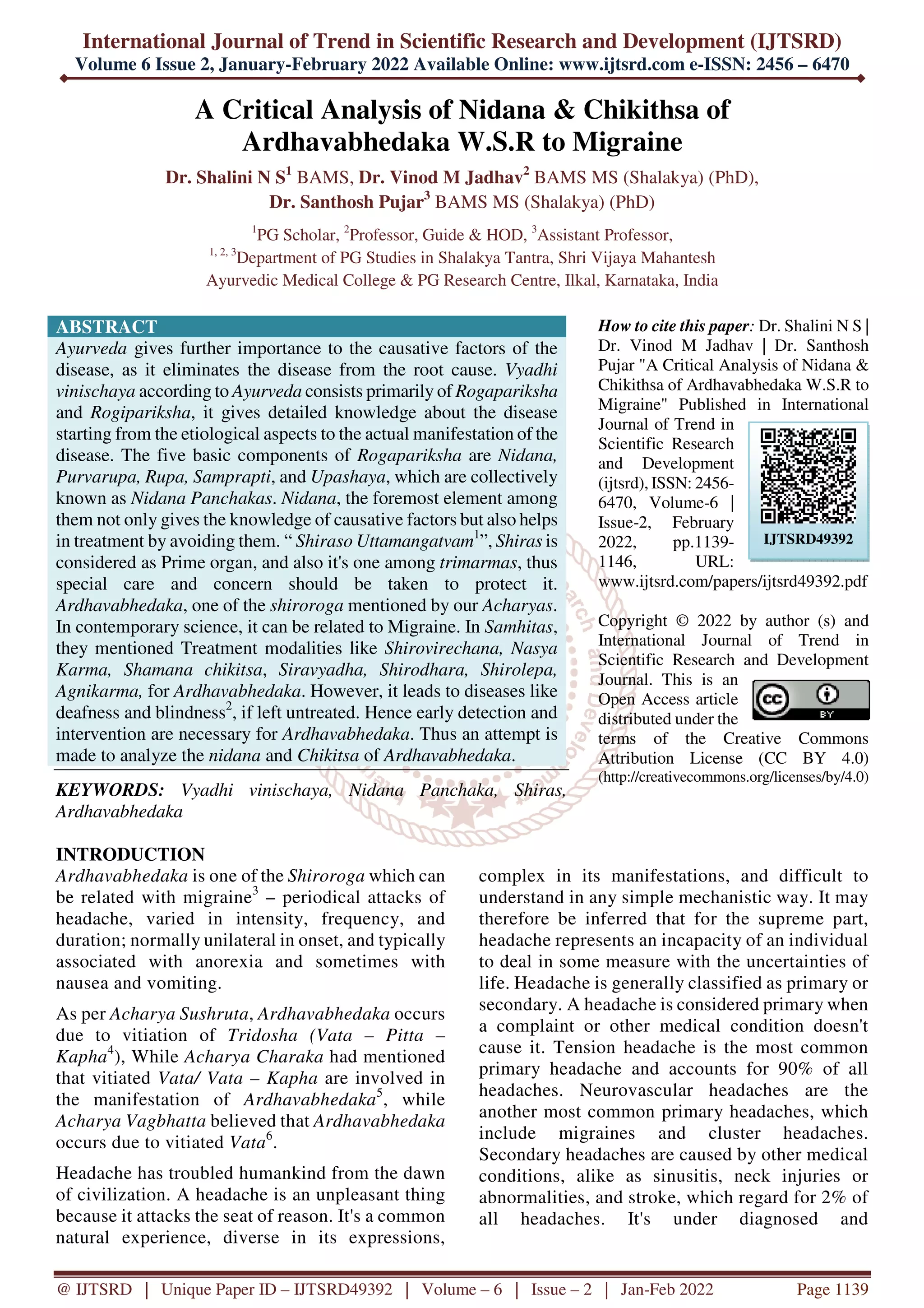 A Critical Analysis of Nidana and Chikithsa of Ardhavabhedaka W.S.R to ...