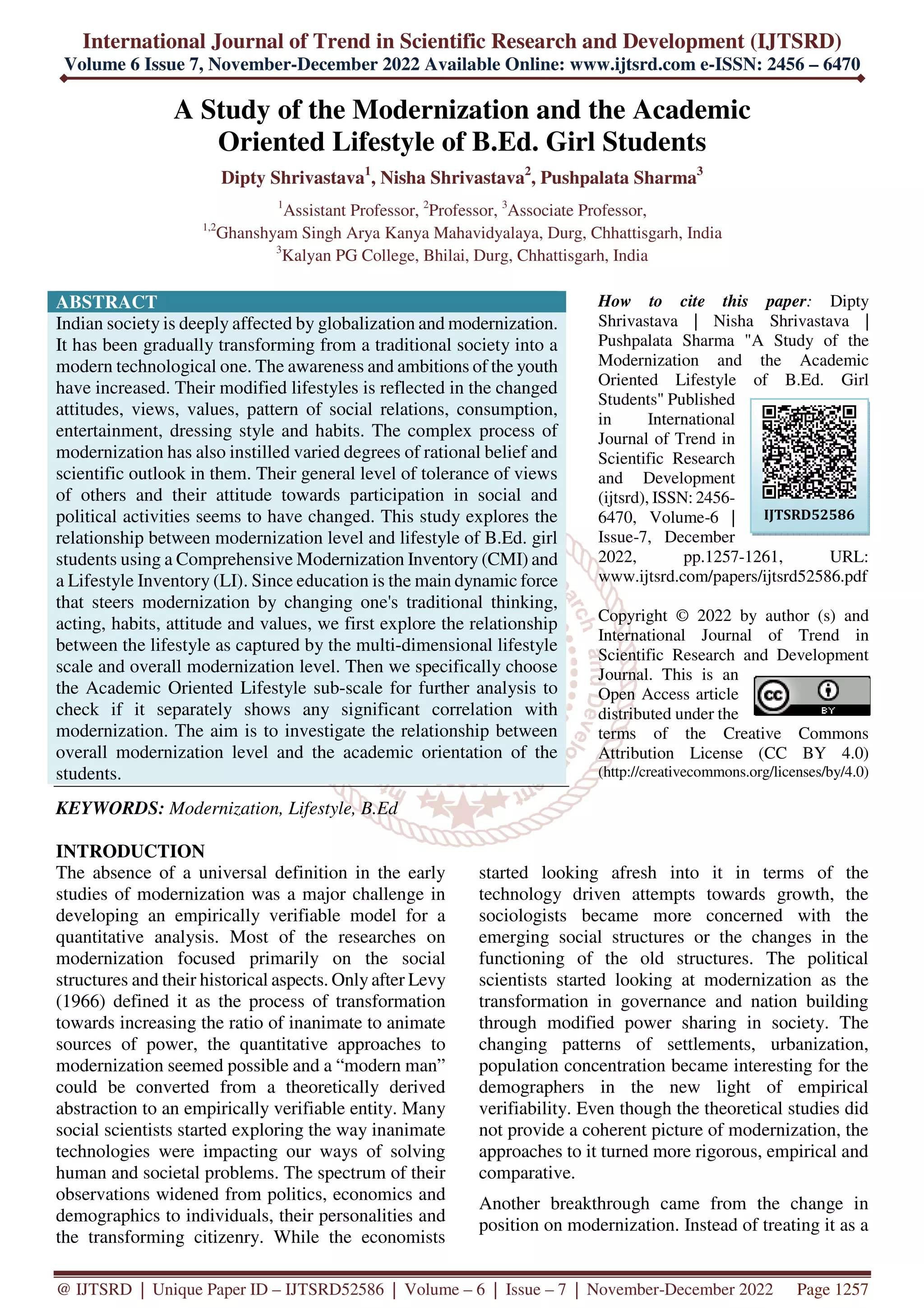 A Study of the Modernization and the Academic Oriented Lifestyle of B ...