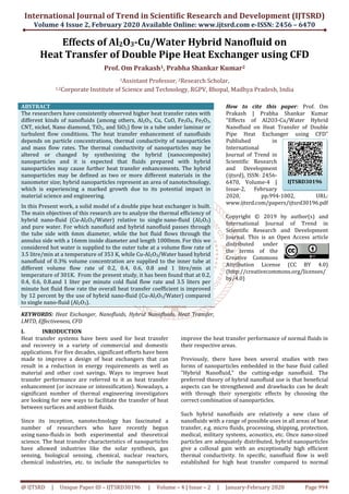 Effects of Al2O3 Cu Water Hybrid Nanofluid on Heat Transfer of Double Pipe Heat Exchanger using ...