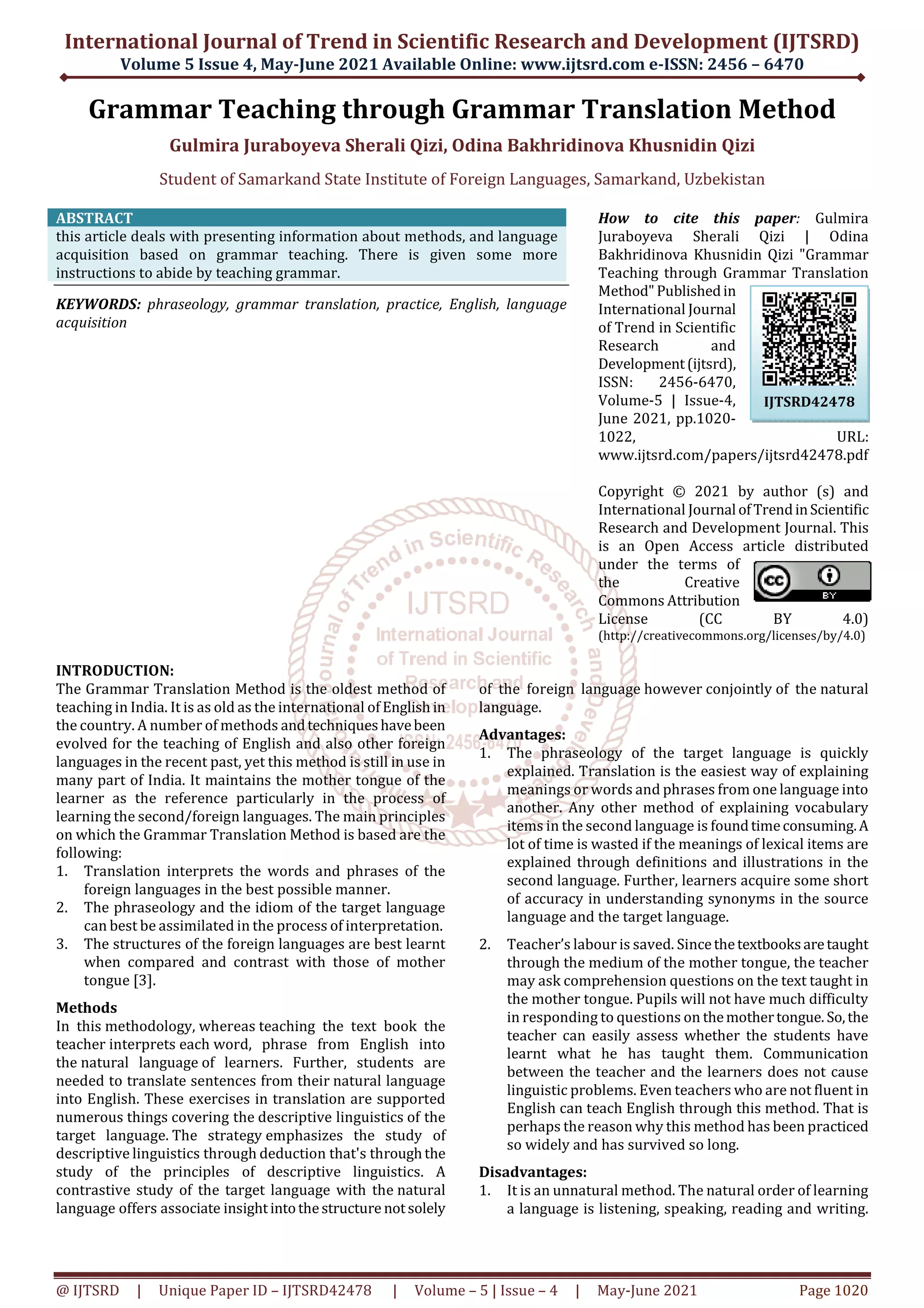 Grammar Teaching through Grammar Translation Method | PDF